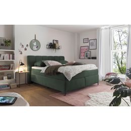 Boxspringbett "Fairfield", grün (olive), B:204cm L:218cm, 92% Polyester, 8% Nylon, SET ONE BY Musterring, Komplettbetten, Metallfuß schwarz, Kopfteil mit Keder, Breite 160 oder 180 cm