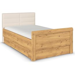Stauraumbett Rauch "Bett Einzelbett Stollenbett Bettkästen EVELYN", braun (asteiche), B:129cm H:100cm L:214cm, Betten, in Komforthöhe mit Polsterkopfteil sowie Schubladen MADE IN GERMANY