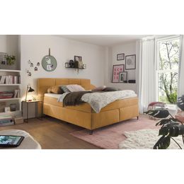 Boxspringbett "Fairfield", gelb (senfgelb), B:184cm L:218cm, 92% Polyester, 8% Nylon, SET ONE BY Musterring, Komplettbetten, mit Metallfuß schwarz, Wendematratze, Breite 160 oder 180 cm