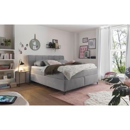 Boxspringbett "Fairfield", grau (hellgrau), B:204cm L:218cm, 92% Polyester, 8% Nylon, SET ONE BY Musterring, Komplettbetten, Metallfuß schwarz, Kopfteil mit Keder, Breite 160 oder 180 cm