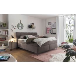 Boxspringbett "Fairfield", braun, B:204cm L:218cm, 92% Polyester, 8% Nylon, SET ONE BY Musterring, Komplettbetten, Metallfuß schwarz, Kopfteil mit Keder, Breite 160 oder 180 cm