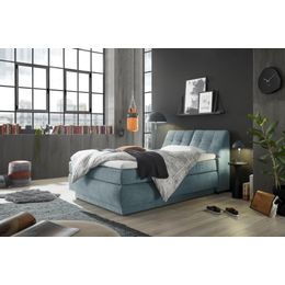 Boxspringbett "Fairfield", blau (hellblau), B:126cm L:242cm, 92% Polyester, 8% Nylon, SET ONE BY Musterring, Komplettbetten, mit Bettkasten, Kopfteil in Kassettenoptik, Breite 120 oder 140 cm