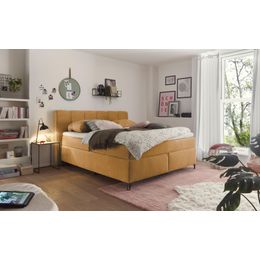 Boxspringbett "Fairfield", gelb (senfgelb), B:204cm L:218cm, 92% Polyester, 8% Nylon, SET ONE BY Musterring, Komplettbetten, Metallfuß schwarz, Kopfteil mit Keder, Breite 160 oder 180 cm