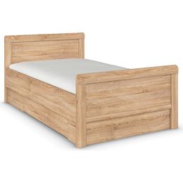 Stauraumbett Rauch "Bett Einzelbett Stollenbett Bettkästen EVELYN", braun (eiche sonoma), B:129cm H:94cm L:210cm, Betten, in Komforthöhe mit Holzkopfteil sowie Schubladen MADE IN GERMANY