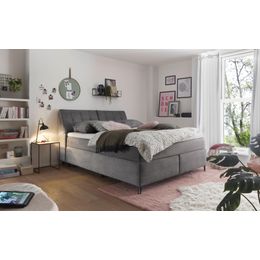 Boxspringbett "Fairfield", grau (dunkelgrau), B:186cm L:242cm, 92% Polyester, 8% Nylon, SET ONE BY Musterring, Komplettbetten, Kopfteil in Kassenoptik, Metallfuß schwarz, Breite 160 oder 180 cm