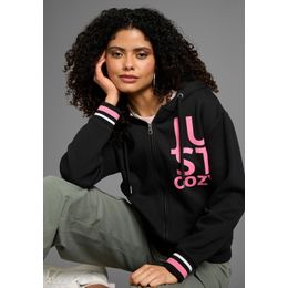 Kapuzensweatjacke Kangaroos, Damen, Gr. 32/34 (XS), schwarz (schwarz, pink), angeraute Sweatware, Obermaterial: 80% Baumwolle, 20% Polyester. Bündchen: 95% Baumwolle, 5% Elasthan. Kapuzenfutter: 100% Baumwolle, bedruckt, gepflegt, gepunktet, unifarben mit Farbeinsätzen, bequem hüftlang, Rundhals, Rippbündchen, Sweatjacken, mit Neon-Details