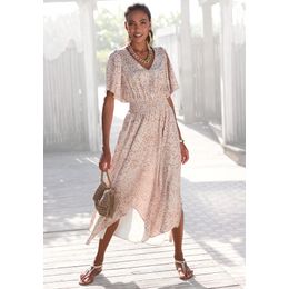 Maxikleid Lascana, Damen, Gr. 34, N-Gr, beige (sand, beige bedruckt), Satin, Obermaterial: 100% Polyester, bedruckt, animal-print, modisch, figurumspielend knöchellang, tiefer V-Ausschnitt, Kurzarm Fledermausärmel, Kleider, mit Animalprint, luftiges Sommerkleid mit Schlitzen