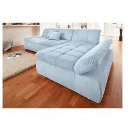 Ecksofa DOMO collection "NMoric XXL, B/T/H: 300/172/80cm, Revamierenabschluss L-Form", blau (pastelblau), B:300cm H:80cm T:172cm, Chenille (85% Polyester, 15% Acryl), Luxus-Microfaser (100% Polyester), Struktur ( 100% Polyester), Microfaser PRIMABELLE (100% Polyester), Sofas, wahlweise mit Bettfunktion und Armlehnverstel,lung