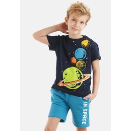 Hausanzug DENOKIDS "Planets", Herren, Gr. 122, blau (dunkelblau), 70% Baumwolle;30% Polyester, bedruckt, regular fit kurz, Kurzarm, Homewear-Sets