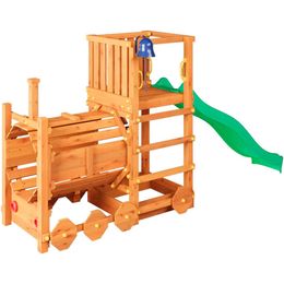 Spielturm Fungoo "Loco, mit Rutsche, Doppelschaukel, Kletterseil und großer Plattform", braun (teak), Spieltürme, KinderB:93cm H:182cm T:365cm, FSC-zertifizierter Massivholz, Made in Europe, B:93cm H:182cm T:365cm