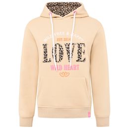 Hoodie Zwillingsherz ""Wild Love"", Damen, Gr. SM (S/M), beige, Sweatware, Obermaterial: 50% Baumwolle, 50% Polyester, unifarben mit Farbeinsatz, comfort fit hüftlang, V-Ausschnitt, Sweatshirts, mit Wording Leo Love und Stickerei