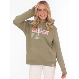 Hoodie Zwillingsherz ""Glück"", Damen, Gr. SM (S/M), grün (khaki), Sweatware, Obermaterial: 50% Baumwolle, 50% Polyester, bequem hüftbedeckend, V-Ausschnitt, angesetztes Bündchen, Sweatshirts, mit Schriftzug Glück und Kängurutaschen