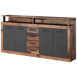 Mid.you Sideboard , Anthrazit, Alteiche , Kunststoff , 2 Fächer , 4 Schubladen , 190x95x32 cm , stehend, in verschiedenen Holzdekoren erhältlich ,