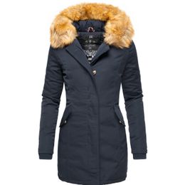 Wintermantel Marikoo "Karmaa", Damen, Gr. S (36), blau (navy), Obermaterial: 100% Polyester, Futter: 100% Polyester, Wattierung: 100% Polyester, Ärmelfutter: 100% Polyester, Kunstfell: 90% Polyacryl, 10% Polyester, elegant, figurbetont Po-bedeckend, Langarm Ärmel ohne Ärmelschlitz Rippstrickbündchen, Mäntel, edler Parka mit Kunstfellkapuze