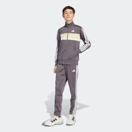 Trainingsanzug adidas Sportswear "J 3S TIBERIO TS", Kinder, Gr. 128, grau strata, weiß, powder gelb, Obermaterial: 100% Polyester, sportlich, Sportanzüge