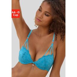 Lascana Push-up-BH blau Gr. 85A. Mit Glitzersteine, Spitze, B&auml;nder, Schmuckelemente. Mit Herausnehmbaren Kissen und mit B&uuml;gel