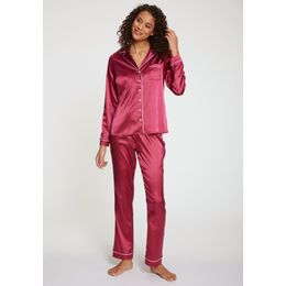 Pyjama s.Oliver, Damen, Gr. 46, lila (beere), Satin, Obermaterial: 95% Polyester, 5% Elasthan, unifarben, klassisch, bequem lang, V-Ausschnitt, Langarm eingesetzt Manschette, Homewear-Sets, mit Schlafmaske