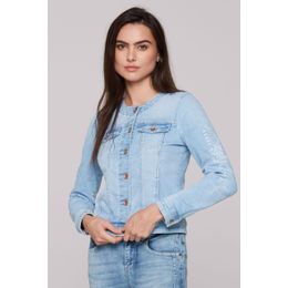 Jeansjacke SOCCX, Damen, Gr. L, blau (sunny blau), Material: 63% Baumwolle, 25% Polyester, 10% Viskose, 2% Elasthan, unifarben, casual, tailliert kurz, Langarm eingesetzt 1-Knopf-Manschette, Jacken, mit Brusttaschen