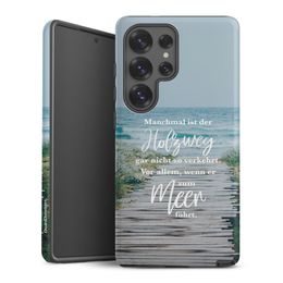 DeinDesign Galaxy S25 Ultra Handy Panzer Handyh&uuml;lle robuste Outdoor H&uuml;lle Schutzh&uuml;lle gl&auml;nzend Statement Beach Spruch Tough Case