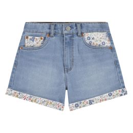 Jeansshorts LEVI'S KIDS "LVG PRINT BLOCK MOM SHORT", Mädchen, Gr. 12 (152), N-Gr, fully baked, Denim/Jeans, Obermaterial: 69% Baumwolle, 30% Polyester, 1% Elasthan, kontrastfarbene Details, casual, Po-bedeckend, Jeans, mit kontrastfarbenen Details