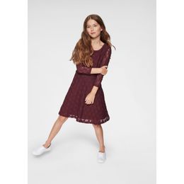 Jerseykleid Kidsworld "- Spitzenkleid", Mädchen, Gr. 140/146, N-Gr, rot (bordeaux), Spitze, Jersey, Obermaterial: 95% Polyester, 5% Elasthan. Futter: 95% Baumwolle, 5% Elasthan, unifarben, modisch, ausgestellt knieumspielend, Rundhals, 3/4-Ärmel abgesteppte Kante, Kleider, festliche Anlässe, knielang, aus Spitze und Jersey, 3/4-Ärmel