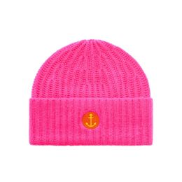 Beanie Zwillingsherz "Beanie mit Anker Stickerei", Damen, pink (neonpink), Kaschmir, unifarben mit Farbeinsatz, modisch, Mützen, mit auffälligem Anker-Motiv