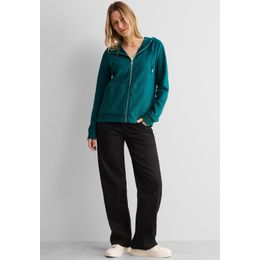 Sweatjacke Cecil, Damen, Gr. XL (44), blau (petrol grün), Web, 80% Baumwolle, 17% Polyester, 3% Elasthan, unifarben, gerade normal, ohne Ausschnitt, Bündchen, Sweatjacken, mit Kapuze mit Tunnelzugband