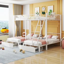 Merax Etagenbett 90x200cm/140x200cm mit Schubladen und Tisch, Hochbett mit Leiter und Rausfallschutz, Metallbett Kinderbett Jugendbett für 3 Kinder