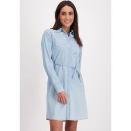 Jeanskleid monari, Damen, Gr. 36, N-Gr, blau (jeans), Web, Obermaterial: 68% Lyocell, 32% Baumwolle, unifarben, modisch, klassisch kniefrei, Rundhals, Langarm Ärmel mit Ärmelschlitz,eingesetzt Manschette mit Knöpfen, Kleider, mit Bindegürtel