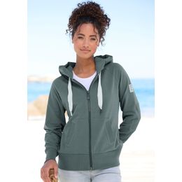 Kapuzensweatjacke ELBSAND "Kelda", Damen, Gr. L (40), blau (petrol), angeraute Sweatware, Obermaterial: 95% Baumwolle, 5% Elasthan, unifarben, figurumspielend hüftlang, angesetztes Bündchen, Sweatjacken, mit Logo-Stickerei an der Kapuze, Basic