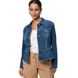 Jackenblazer Zero "Zero Jeansjacke mit Klappentaschen", Damen, Gr. 34, blau (blau denim), Denim/Jeans, Obermaterial: 94% Baumwolle, 5% Elastomultiester (T400), 1% Lyocell. Ärmelfutter: ohne Futter., used, casual, figurbetont normal, Langarm eng Bündchen, Blazer, Knopfleiste