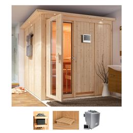 Sauna Karibu "Romina", beige (naturbelassen), Bio-Kombiofen, externe Steuerung, 9 kW, Saunen, 9-kW-Bio-Ofen mit externer Steuerung