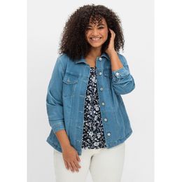 Jeansjacke sheego "Große Größen", Damen, Gr. 48, blau (blau denim), Obermaterial: 81% Baumwolle, 17% Polyester, 2% Elasthan, unifarben, casual, figurbetont kurz, Langarm, Jacken, mit Hemdkragen und Brusttaschen