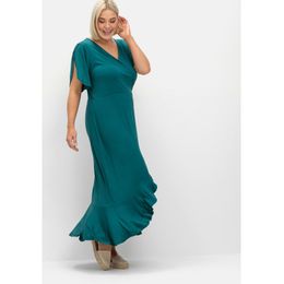 Jerseykleid sheego "Große Größen", Damen, Gr. 40, Normalgrößen, blau (petrol), Obermaterial: 95% Viskose, 5% Elasthan, unifarben, feminin, figurbetont lang, V-Ausschnitt, Kurzarm, Kleider, in Wickeloptik, mit Volantrock