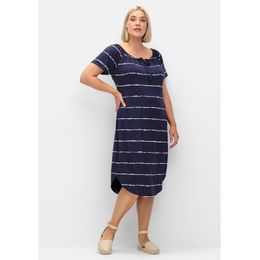 Jerseykleid sheego "Große Größen", Damen, Gr. 40, Normalgrößen, blau (tiefblau gestreift), Obermaterial: 95% Viskose (LENZING ECOVERO), 5% Elasthan, gestreift, casual, figurumspielend knieumspielend, Carmenausschnitt, Kurzarm, Kleider, mit Carmenausschnitt und rundem Saum