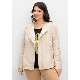 Lederimitatjacke sheego "Große Größen", Damen, Gr. 46, beige (sand), Obermaterial: 100% Polyester, unifarben, casual, figurbetont kurz, Langarm, Jacken, mit Lasercut-Muster