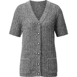 Damen Ajourstrickjacke mit Taschen, aufgesetzt schwarz-hellgrau-meliert, Gr&ouml;&szlig;e 46