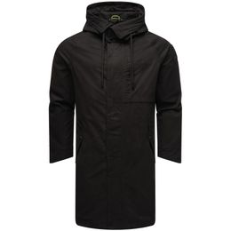 Kurzmantel STONE HARBOUR "Yaroon", Herren, Gr. L (52), schwarz, Obermaterial: 100% Baumwolle; Innenfutter: 90% Polyester, 10% Baumwolle; Ärmelfutter: 90% Polyester, 10% Baumwolle, lässig geschnitten ca. Mitte Oberschenkel, hoch geschlossener Ausschnitt, mit Knopf normaler Saum mit Druckknopf,mit Schlitz, Mäntel, Cooler Herren Übergangsmantel mit großer Kapuze