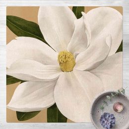 Bilderwelten Kork-Teppich modern weiss Blumen Korkmatte - Magnolie auf Gold II - Deko Wohnzimmer Schlafzimmer