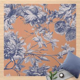 Bilderwelten Kork-Teppich Vintage blau Blumen Korkmatte - Floraler Kupferstich Geflecht K&ouml;nigsblau - Retro Wohnzimmer Schlafzimmer