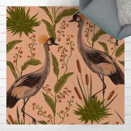 Bilderwelten Kork-Teppich Illustration gr&uuml;n Tiere Korkmatte - Chinoiserie Kronenkranich zwischen Rohrkolben - V&ouml;gel Wohnzimmer Schlafzimmer