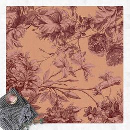 Bilderwelten Kork-Teppich Vintage rosa Blumen Korkmatte - Floraler Kupferstich Geflecht Altrosa - Retro Wohnzimmer Schlafzimmer