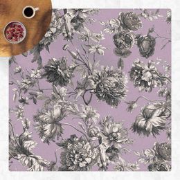 Bilderwelten Kork-Teppich Vintage violett Blumen Korkmatte - Floraler Kupferstich Grauflieder - Retro Wohnzimmer Schlafzimmer
