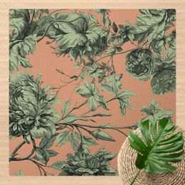 Bilderwelten Kork-Teppich Vintage gr&uuml;n Blumen Korkmatte - Floraler Kupferstich Geflecht Moosgr&uuml;n - Retro Wohnzimmer Schlafzimmer