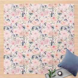 Bilderwelten Kork-Teppich Illustration rosa Aquarell - Rosa Rosen mit Blaubeeren vor Wei&szlig; - Rose Wohnzimmer Schlafzimmer