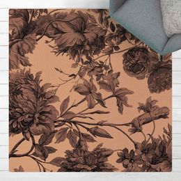 Bilderwelten Kork-Teppich Vintage braun Blumen Korkmatte - Floraler Kupferstich Geflecht Erde - Retro Wohnzimmer Schlafzimmer