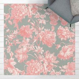 Bilderwelten Kork-Teppich Vintage grau Blumen Korkmatte - Floraler Kupferstich Rosagrau - Retro Wohnzimmer Schlafzimmer