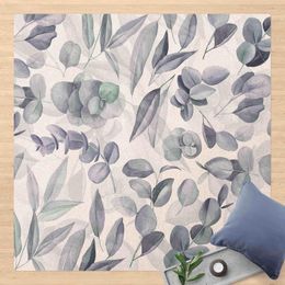 Bilderwelten Kork-Teppich Illustration blau Aquarell - Blaue Eukalyptus Aquarellbl&auml;tter - Deko Wohnzimmer Schlafzimmer