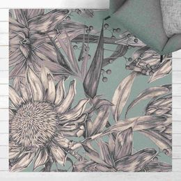 Bilderwelten Kork-Teppich Vintage grau Blumen Korkmatte - Florale Eleganz Echinacea - Retro Wohnzimmer Schlafzimmer