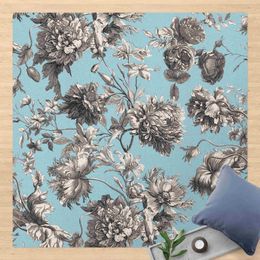 Bilderwelten Kork-Teppich Vintage blau Blumen Korkmatte - Floraler Kupferstich Graublau - Retro Wohnzimmer Schlafzimmer